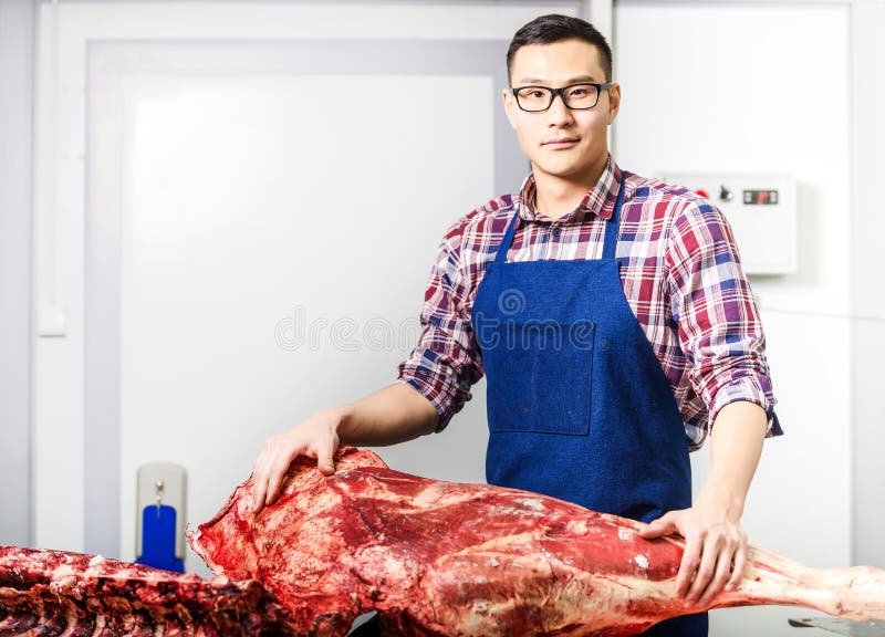 Worker with raw meat stock photo. Image of male, meat - 85662596