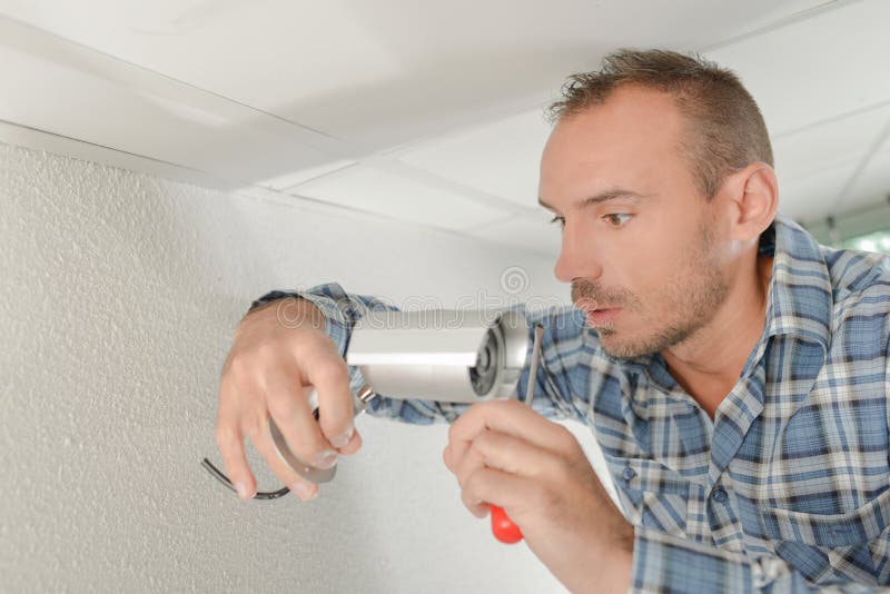 Worker Ready To Install Cctv Camera Stock Photo - Image of adult ...