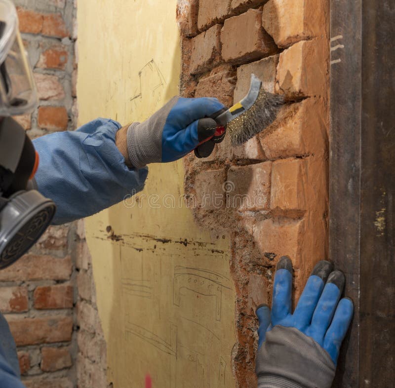 Worker in Reconstructing Old Brick Wall Stock Image - Image of exterior ...