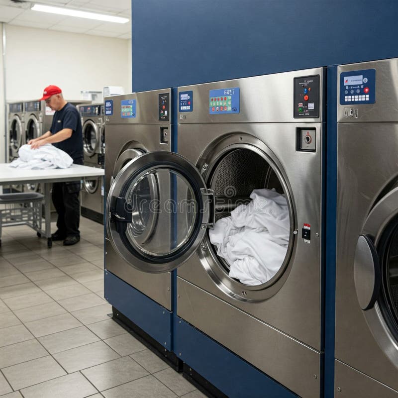 Industrial Laundry Worker Operating Large Washing Machines Editorial ...