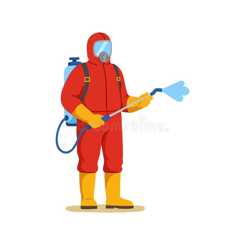 Worker in Red Hazmat Suit Spraying Disinfectant with Protective Mask ...