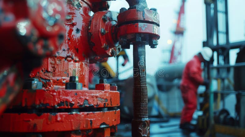 Oil Rig Worker in Red Protective Gear Operating Machinery at Offshore ...