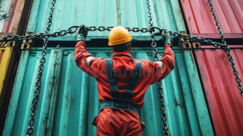 Worker Secures Cargo with Chains at a Shipping Yard during Daylight ...