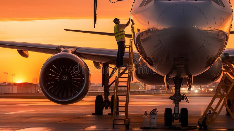 A Worker Refueling Airplane while Standing on Step Ladder. Generative ...