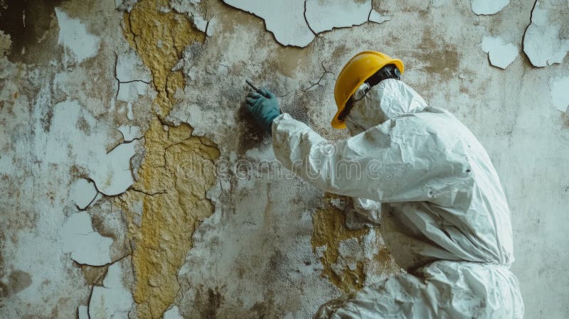 A Worker Removes Paint from a Wall Dressed in Protective Gear. Careful ...