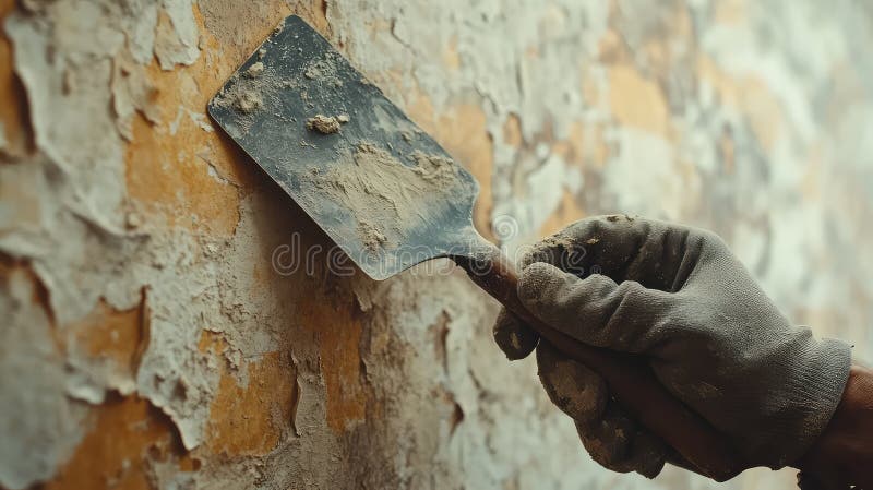 Worker Removing Old Light Wallpaper with Scraper in Apartment, Updating ...