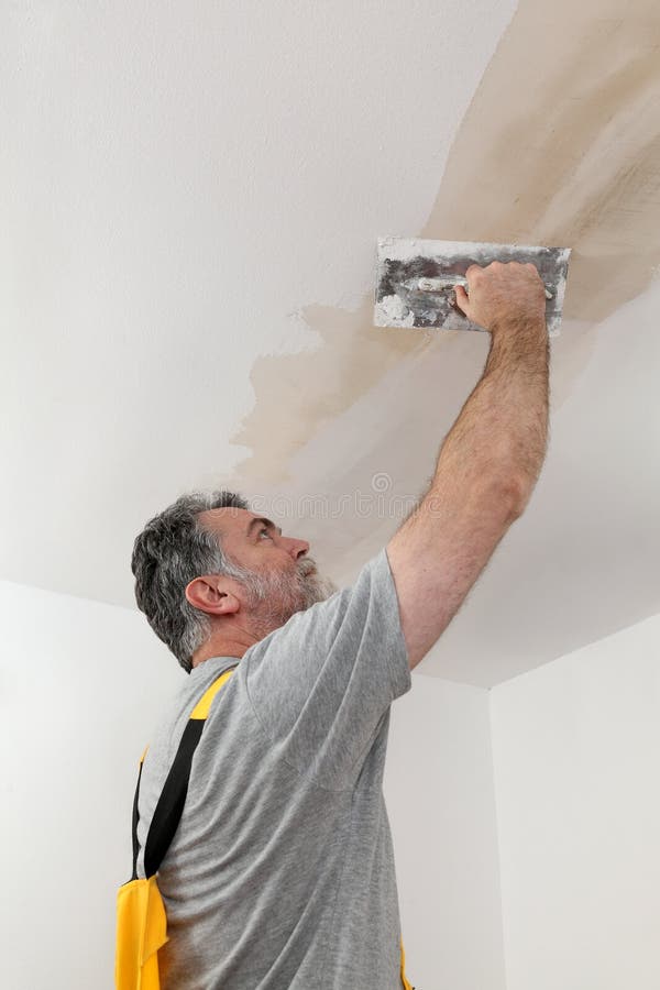 Worker Repairing Plaster at Ceiling Stock Image - Image of builder ...