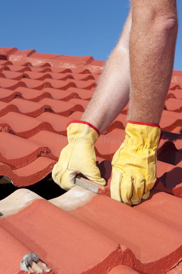 Tiler Covering Roof with New Tile Stock Image - Image of home, addition ...