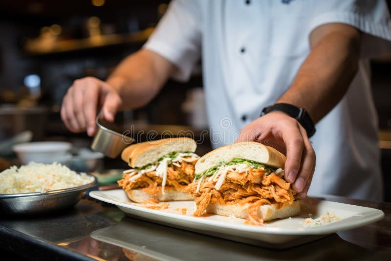 Worker at a Restaurant Making a Buffalo Chicken Sandwich Stock ...