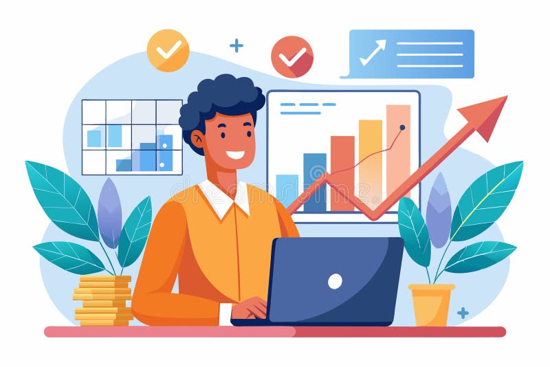 A Worker Reviews a Sales Growth Graph on a Laptop while Seated in a ...