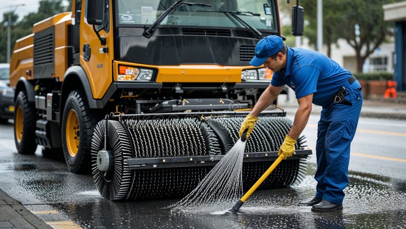 Worker Rinsing Street Sweeper Front Roller Brushes Stock Illustration ...