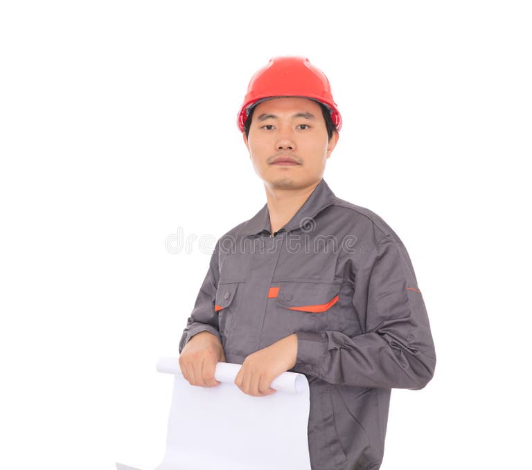 Worker Rolling Up Drawings in Front of White Background Stock Image ...