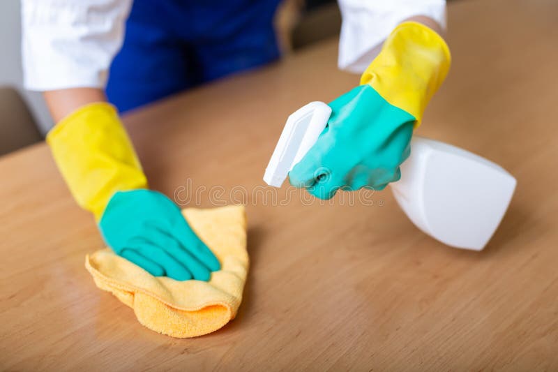 Worker Cleaning Table with Rag and Detergent Stock Image - Image of ...