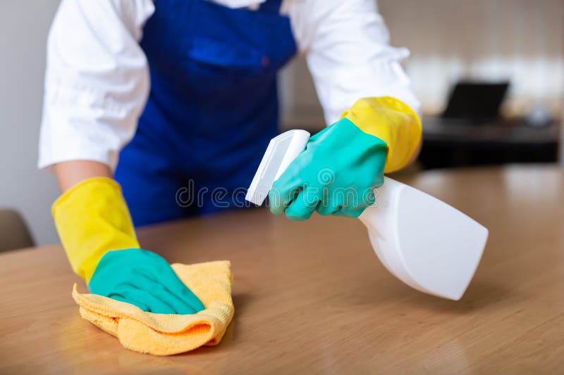 Worker Cleaning Table with Rag and Detergent Stock Photo - Image of ...