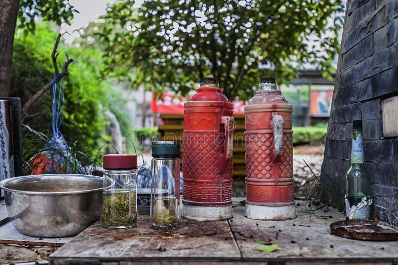 Worker`s drinking tea set stock image. Image of outdoor - 127115915