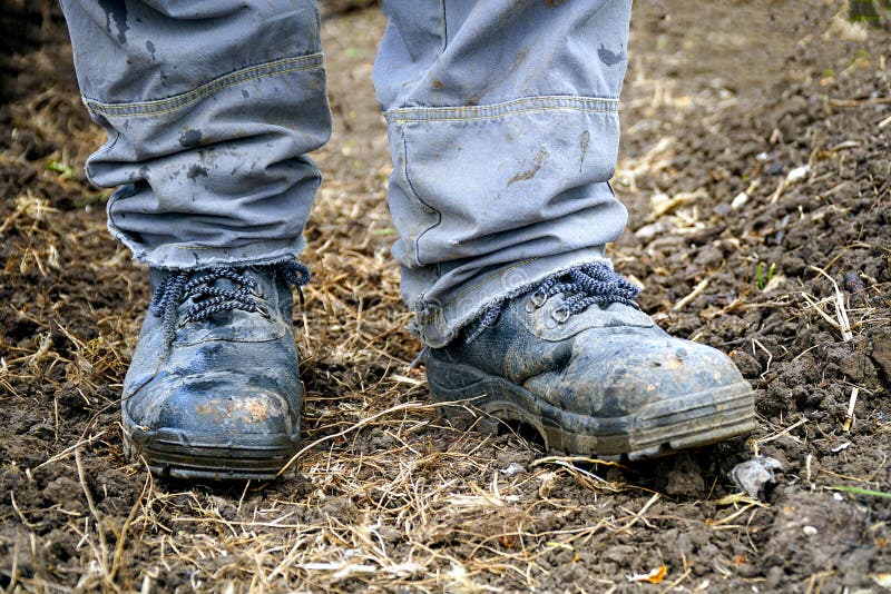 Worker`s Feet in Dusty Boots. Work Clothes Stock Image - Image of boot ...