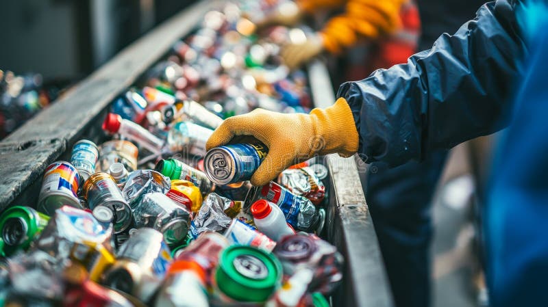 Worker S Gloved Hands Sorting Recyclable Cans at a Facility. Concept of ...