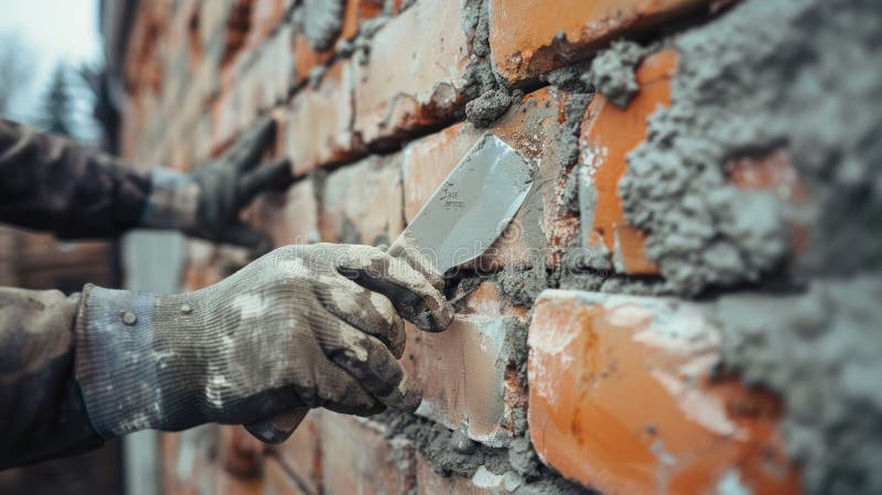 Close-up of a Worker S Hand Using a Trowel To Spread Mortar between ...