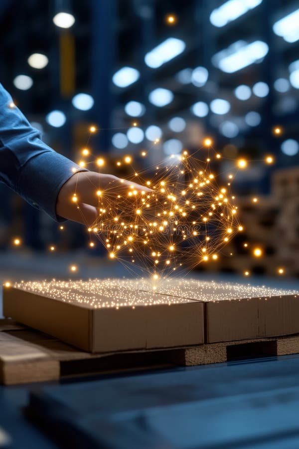 A Worker S Hand Conjures a Sparkling Network Above Stacked Boxes in a ...