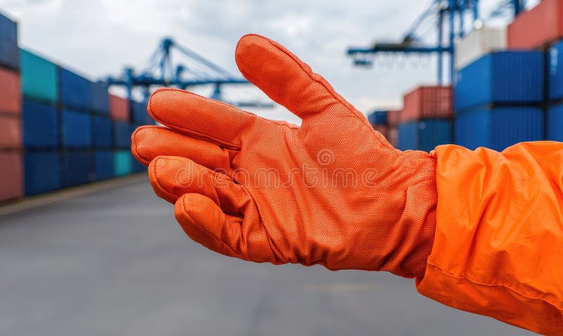 A Workers Hand in an Orange Glove Reaches Out, with Cargo Containers in ...