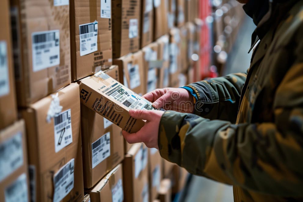A Worker Scans Barcodes on Cardboard Boxes in a Warehouse Stock Image ...