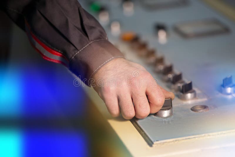 A Worker S Hand Turns the Starting Stock Image - Image of industry ...
