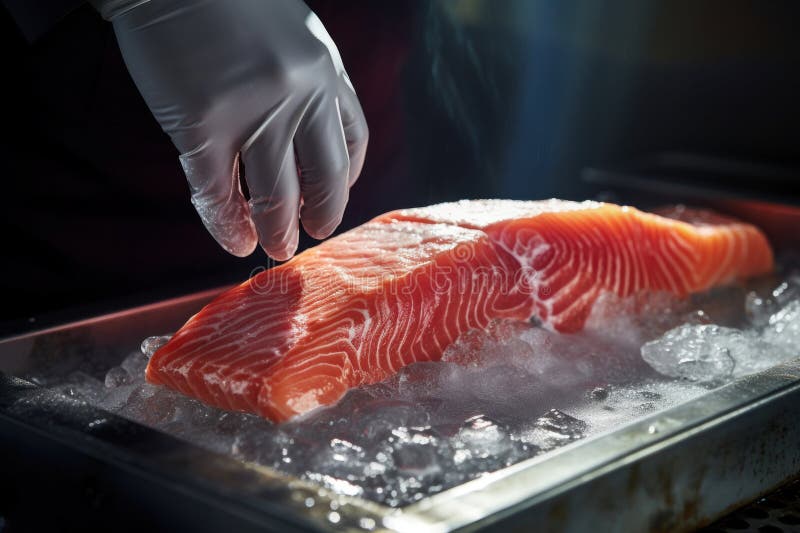 Worker S Hands Process Salmon Steak on Ice. Chilled Fish at a Fish ...