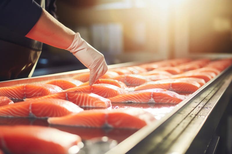 Worker S Hands Process Salmon Steak on Ice. Chilled Fish at a Fish ...