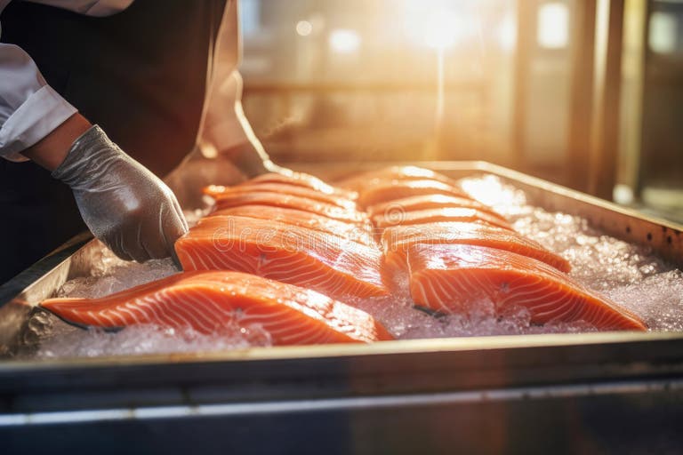 Worker S Hands Process Salmon Steak on Ice. Chilled Fish at a Fish ...