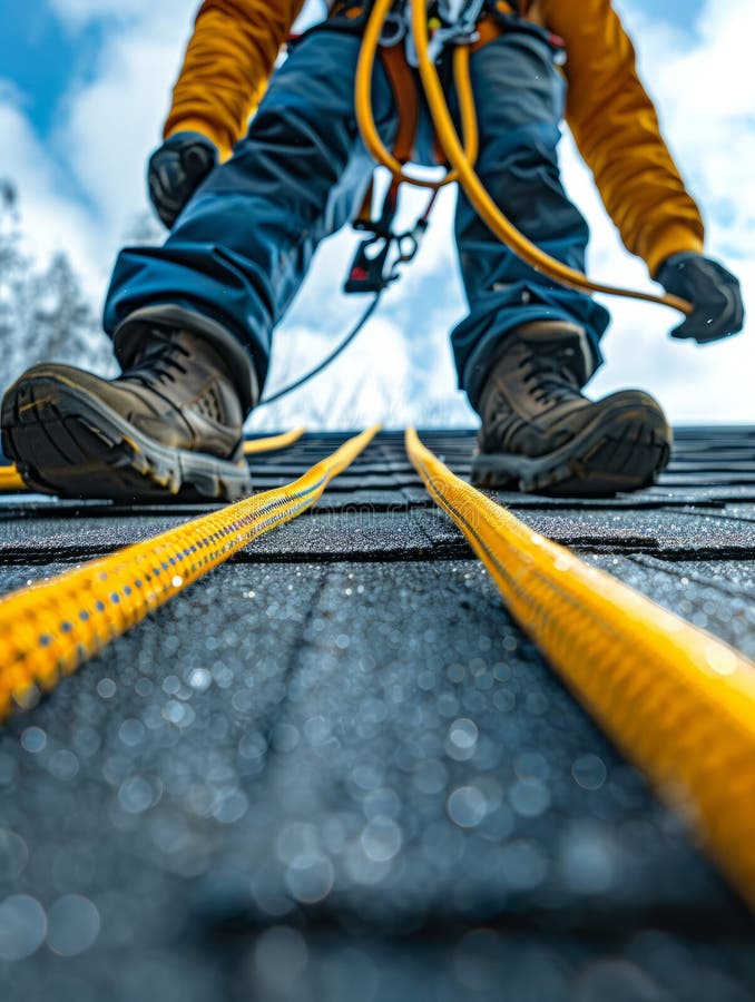 Worker in Safety Gear Climbing on Roof with Harness and Ropes. Stock ...