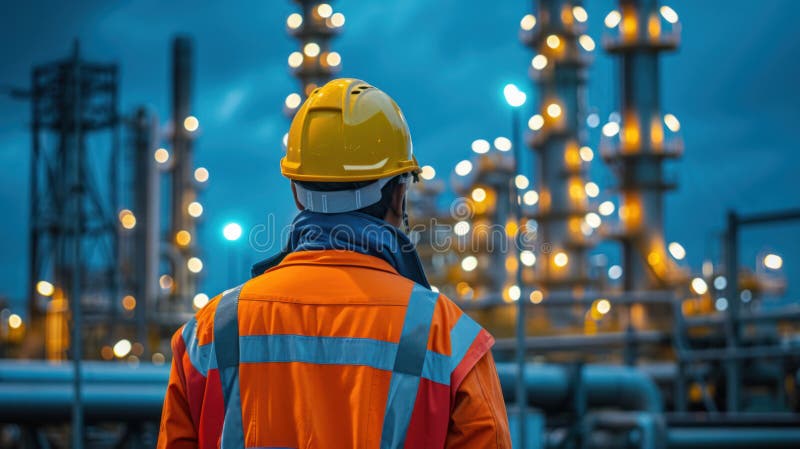 A Worker in Safety Gear Gazes upon the Illuminated Structures of an ...