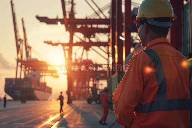 Worker in Safety Gear Observes Loading Process at Busy Port during ...