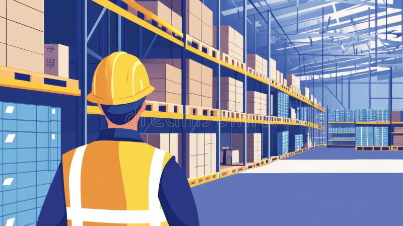 Worker in Safety Gear Observing Organized Warehouse Shelves Filled with ...
