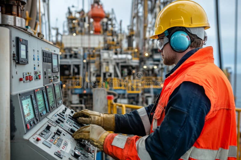 Worker in Safety Gear Operates Control Panel on Offshore Drilling ...