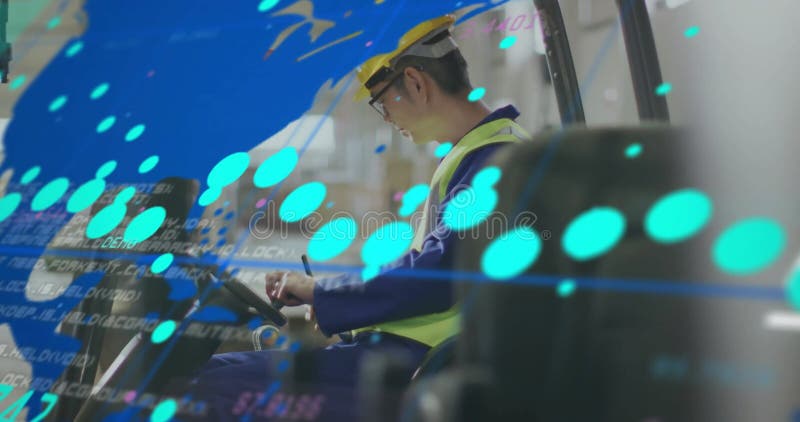 Worker in Safety Gear Operating Machinery with Digital Data Overlay ...