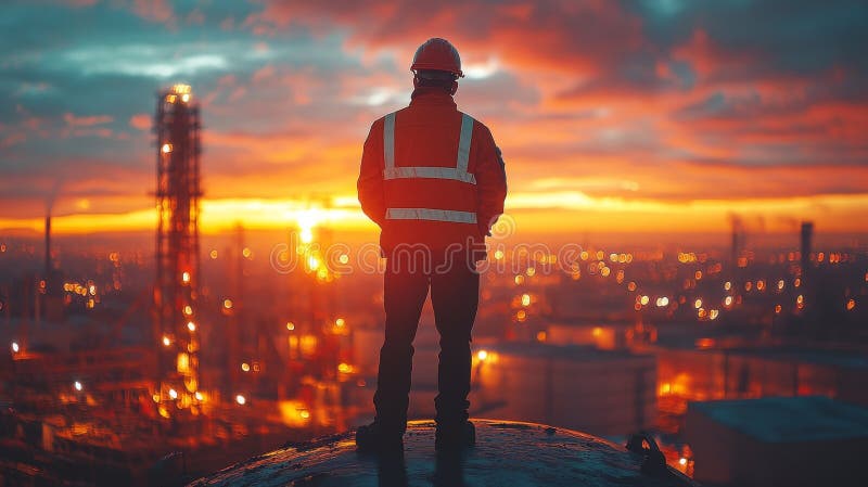 Worker in Safety Gear Overlooking Illuminated Refinery Stock ...
