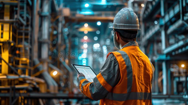 Worker in Safety Gear Using Tablet in a Modern Industrial Warehouse ...