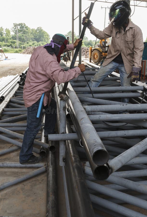 Worker without Safety Protective Welding Steel Structure. Stock Image ...