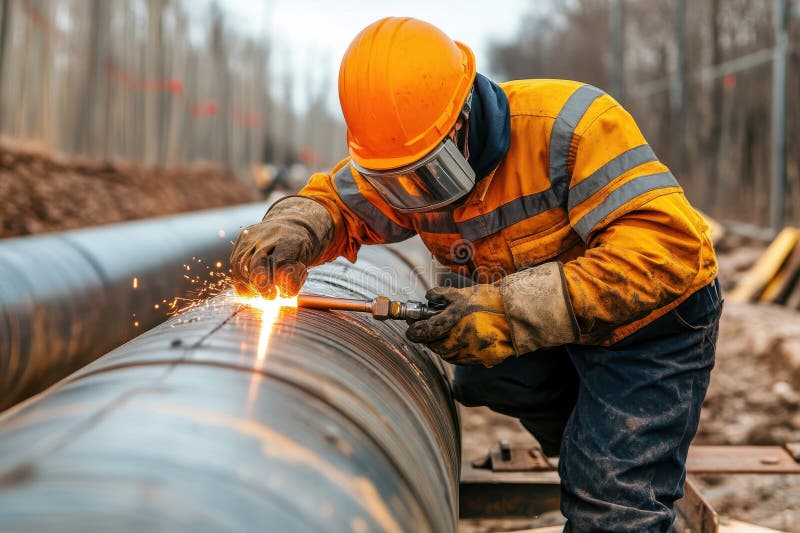 A Worker with Safety Tool, Welding Pipeline for Infrastructure ...