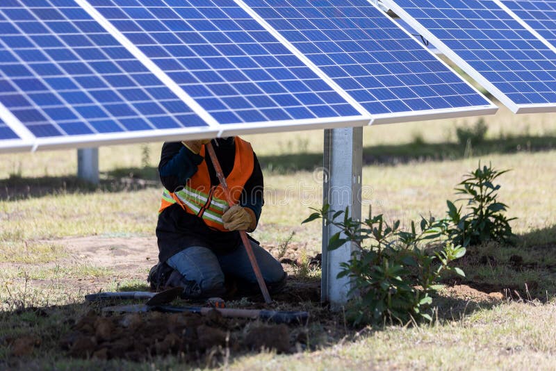 Worker in a Safety Vest Installing Solar Panels, Photovoltaic Modules ...