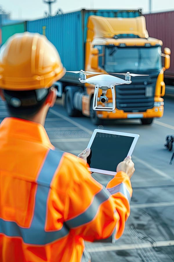Worker in Safety Vest Operating a Drone at a Cargo Terminal. Stock ...