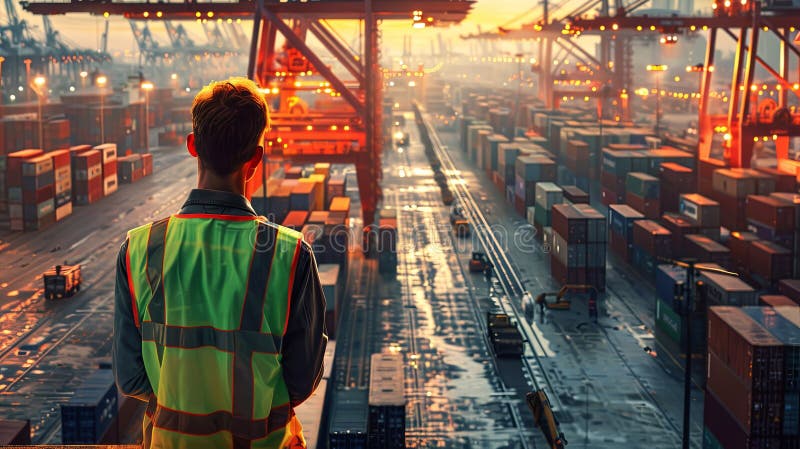 A Worker in a Safety Vest Supervises Efficient Freight Operations at a ...