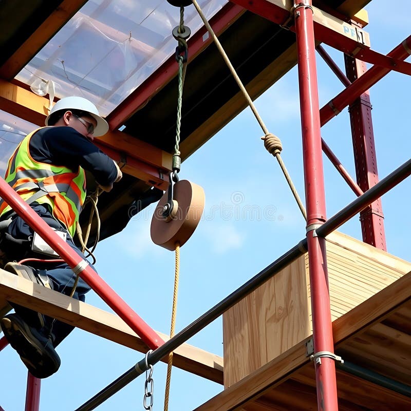 A Worker on a Scaffold Using a Manual Pulley System To Lift a Load of ...