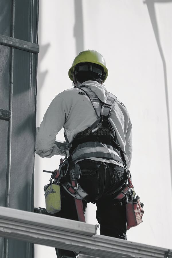 Worker on Scaffolding with a Helmet and Safety Harness Securely ...
