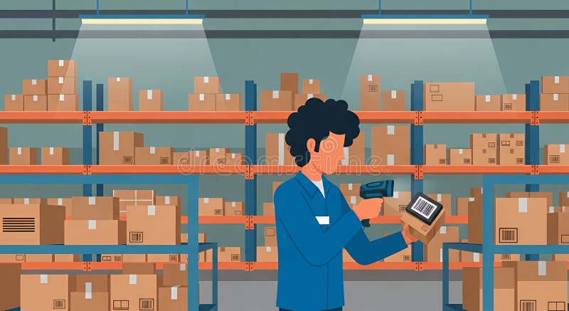 Worker Scanning Barcode in Warehouse with Cardboard Boxes on Shelves ...