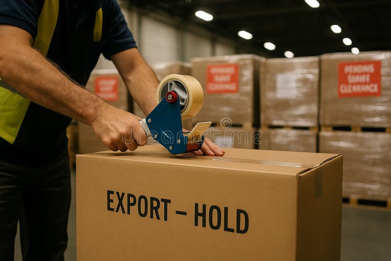 Worker Sealing Cardboard Box Labeled EXPORT â€ HOLD in Warehouse ...