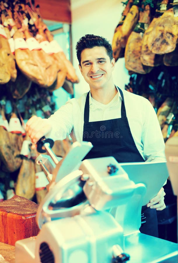 Worker Selling Spanish Jamon Stock Image - Image of salesman, apron ...