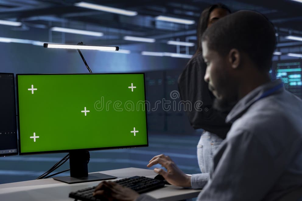 Worker in Server Room Deploying Error Checking Utilities on Chroma Key PC Stock Image - Image of ...