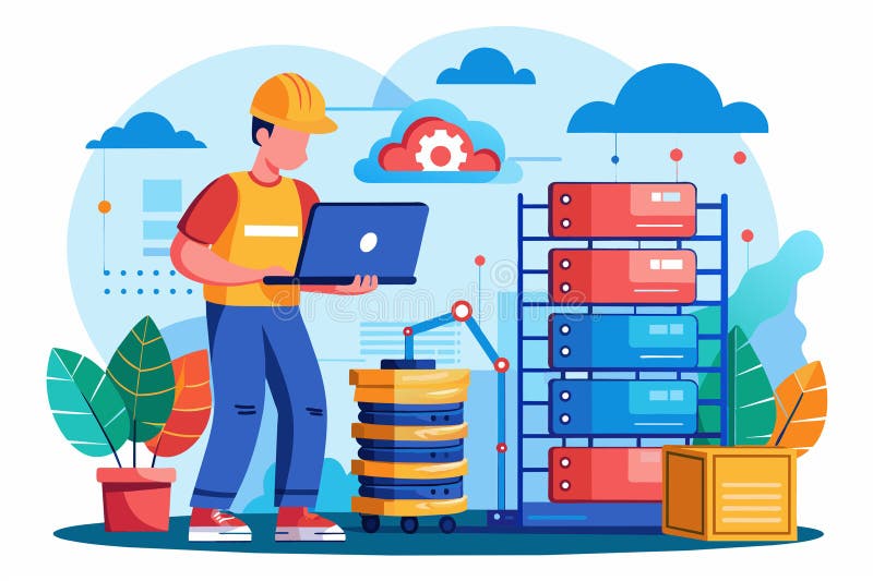 A Worker is Setting Up a Cloud Database while Using a Laptop in a Tech ...