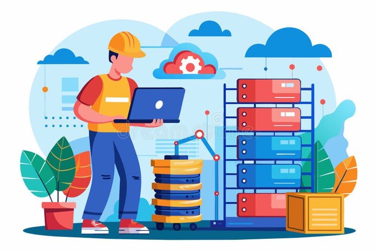 A Worker is Setting Up a Cloud Database while Using a Laptop in a Tech ...